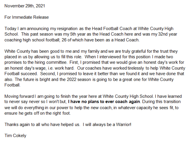 BREAKING: White County’s Cokely resigns as football coach – BLITZ